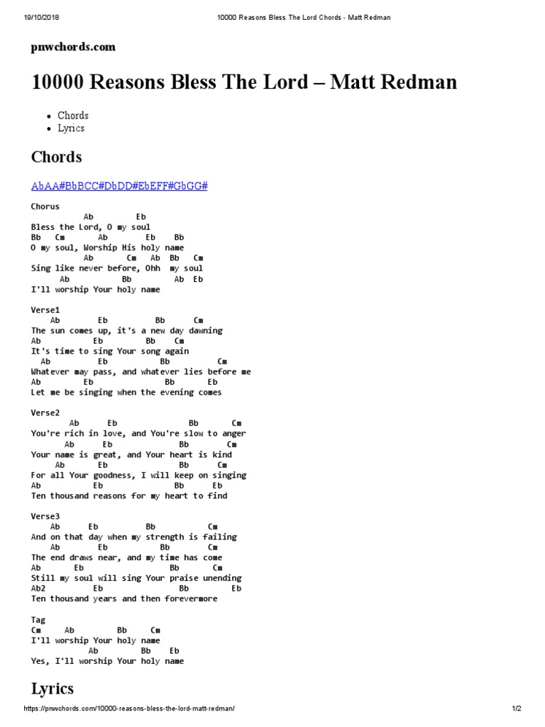 10000 Reasons Bless The Lord Chords Matt Redman