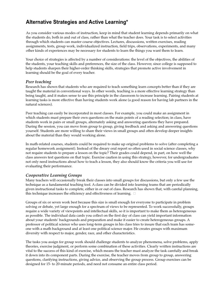 Alternative Strategies and Active Learning : Peer Teaching | PDF ...