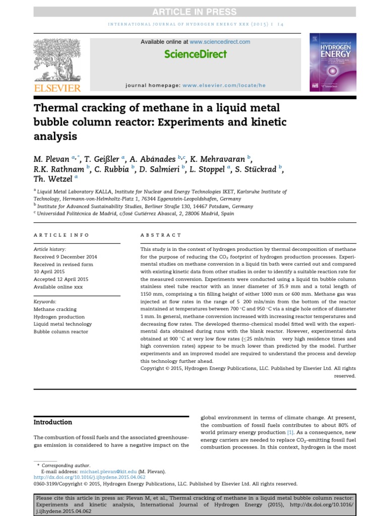 Thermal Cracking of Methane in A Liquid Metal Bubble Column Reactor ...