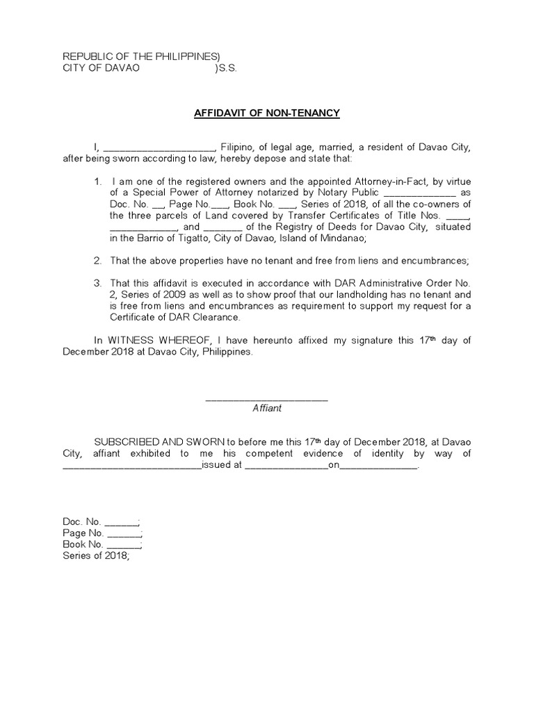 Affidavit of Non-Tenancy: Affiant | PDF