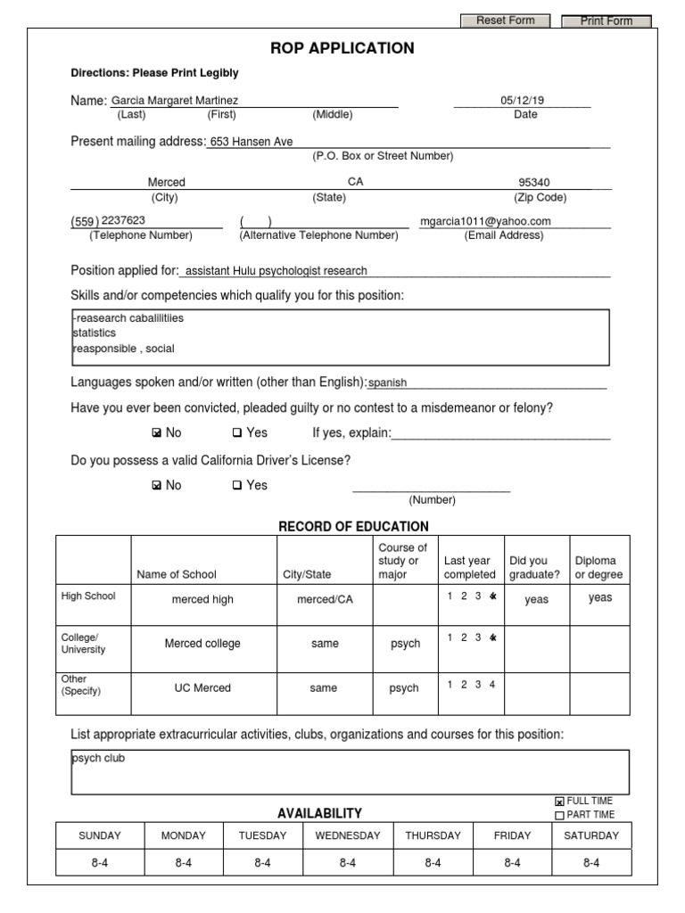 Rop Job Application With Availability - Fillable For Website | PDF