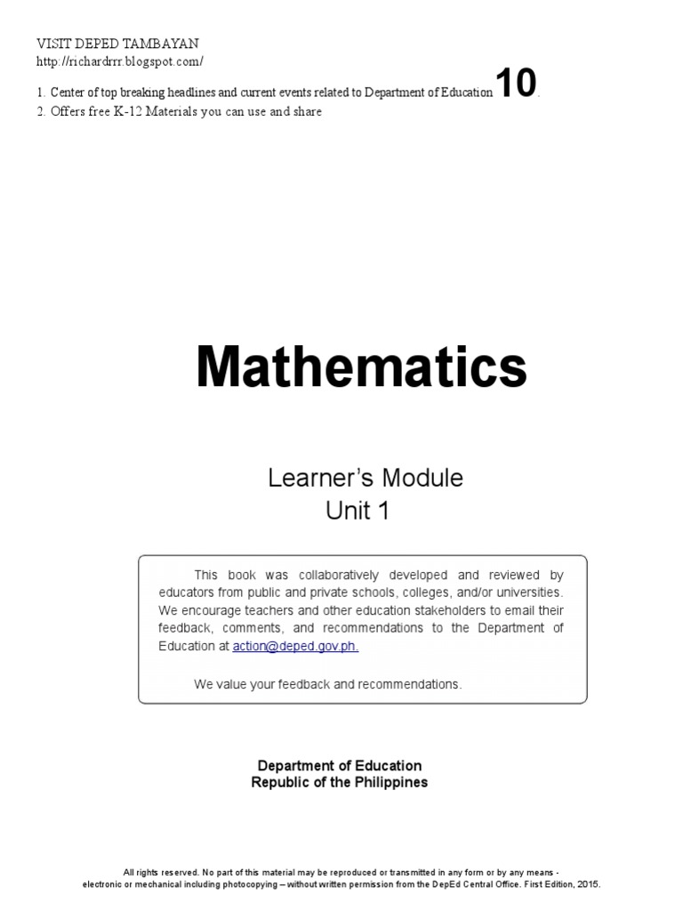 Math10 LM U1 | PDF | Sequence | Arithmetic Mean