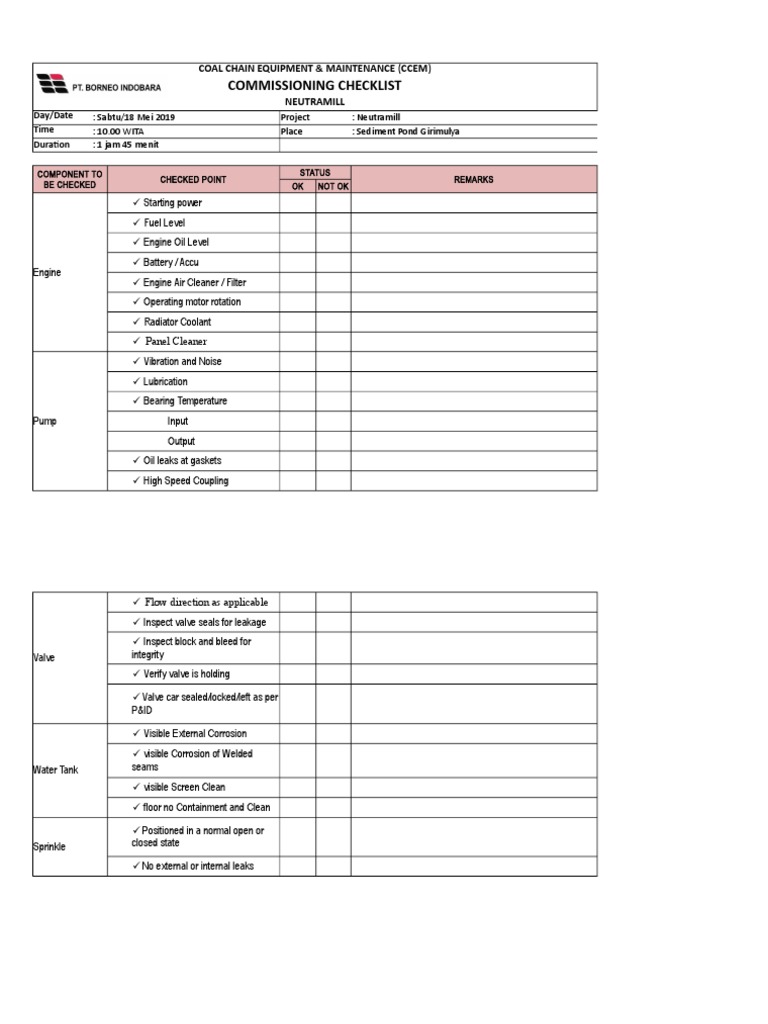 Commissioning Checklist - Neutramill