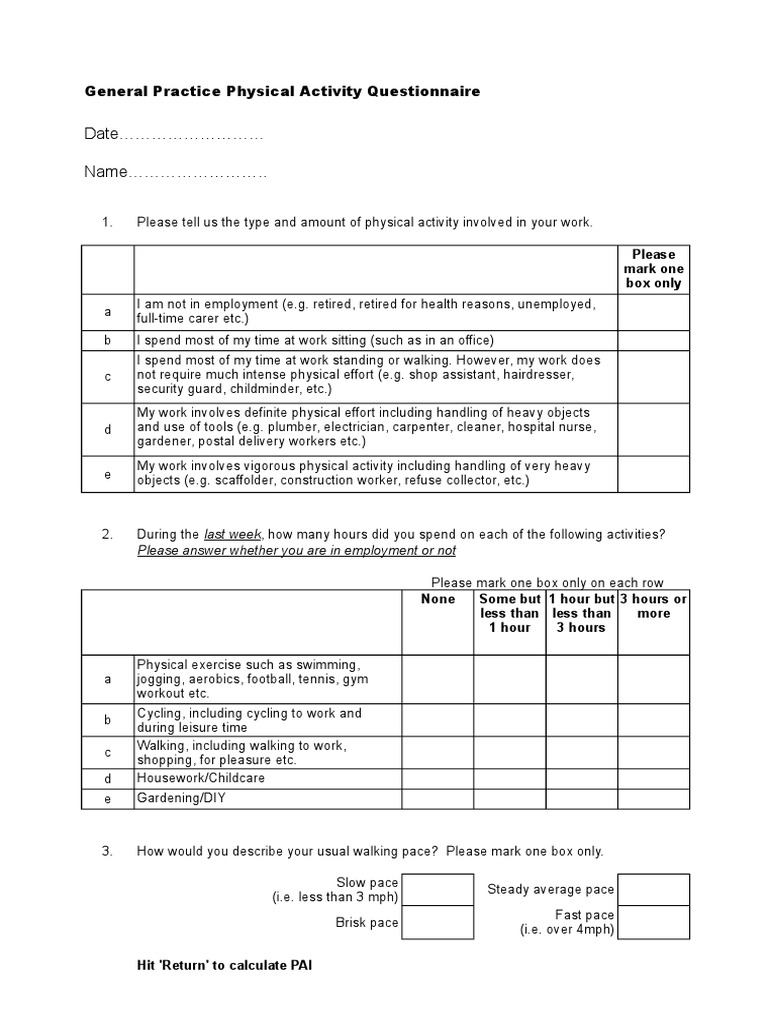 Date Name ..: General Practice Physical Activity Questionnaire | PDF ...