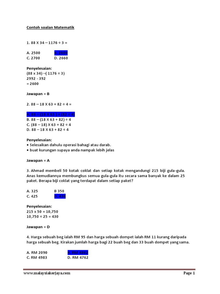 10 Contoh Soalan Matematik | PDF