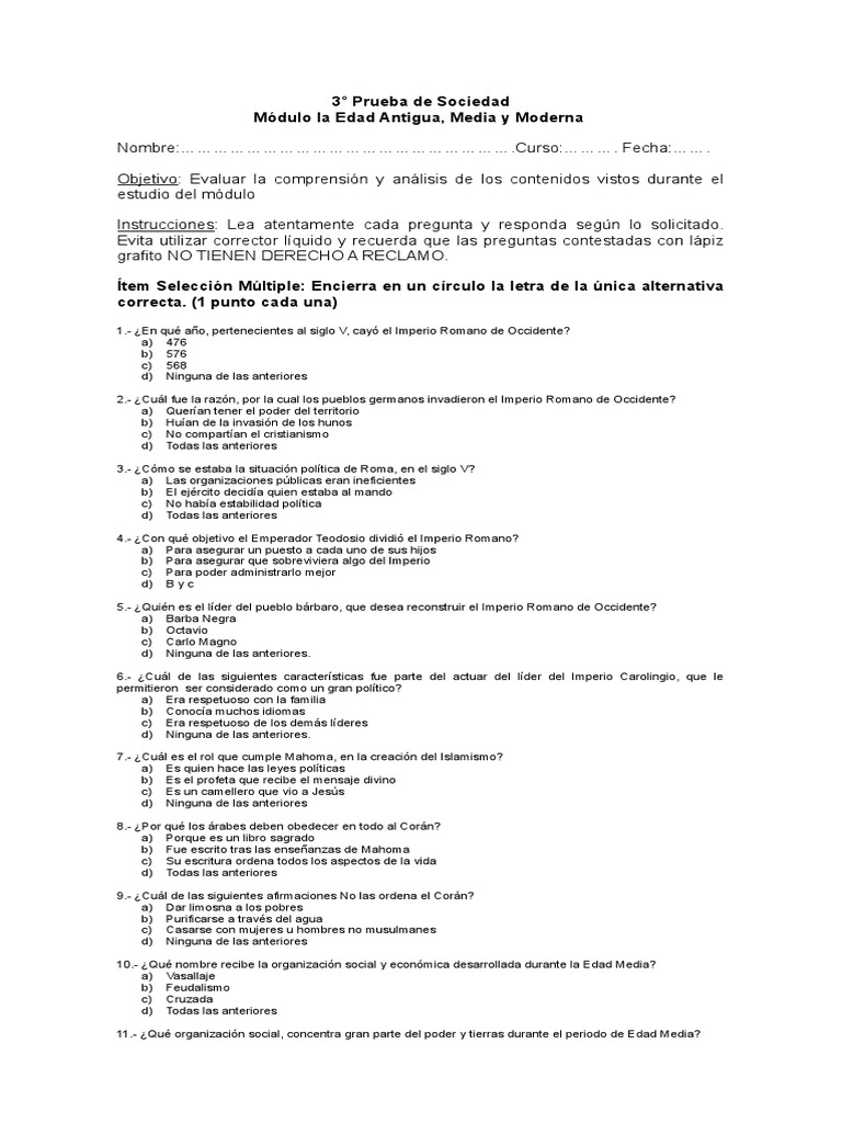 Prueba de Historia: Edad Media y Moderna | PDF | Edades medias ...