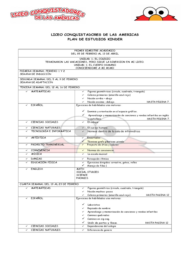 Plan de Estudios Kinder 1er Bimestre | PDF | Educación de la primera ...