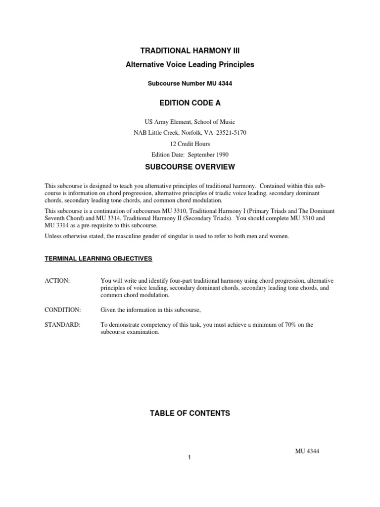 Us Army Music Course - Traditional Harmony III Alternative Voice ...