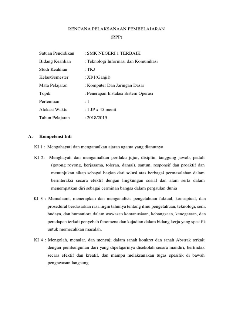 RPP Komputer Dan Jaringan Dasar KD 3.5 Menerapkan Instalasi Sistem Operasi, 4.5 Menginstalasi ...