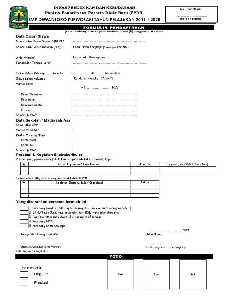 Formulir PPDB SMP Dewantoro Purwosari 2019 | PDF