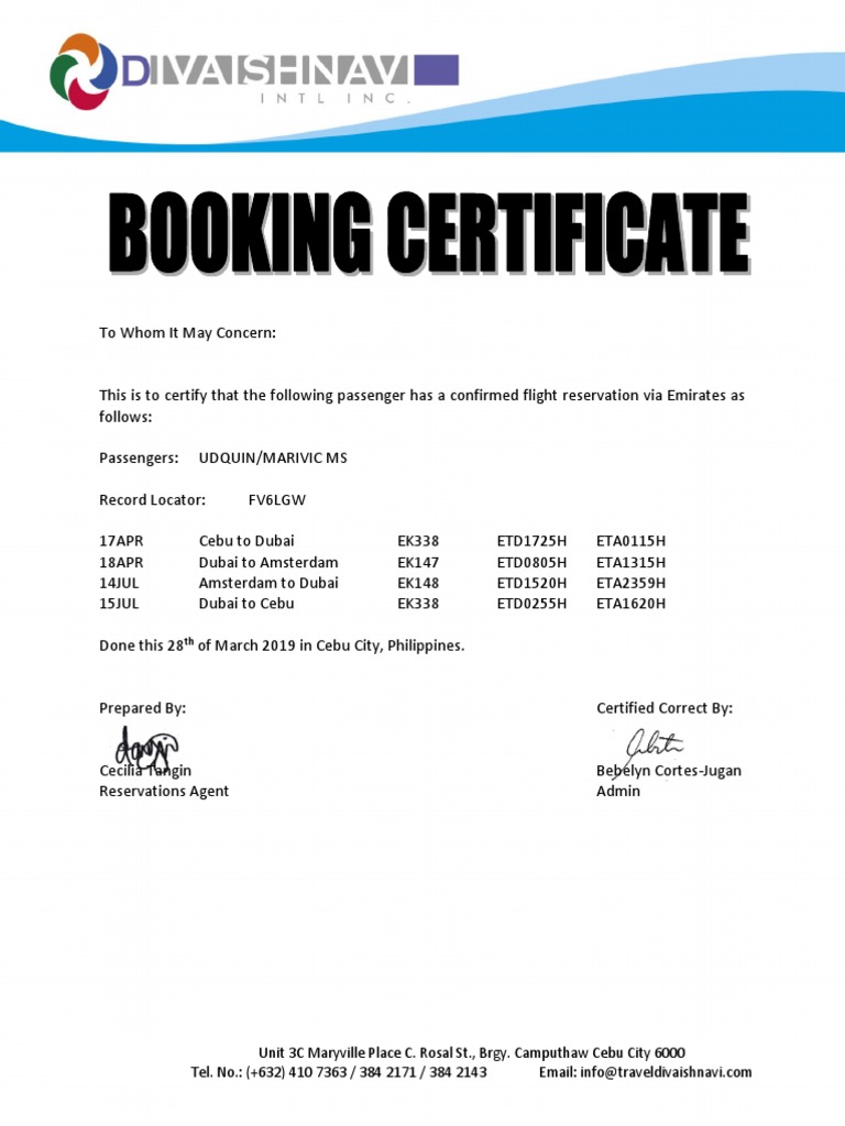 Booking Certificate for Flight Reservation | PDF
