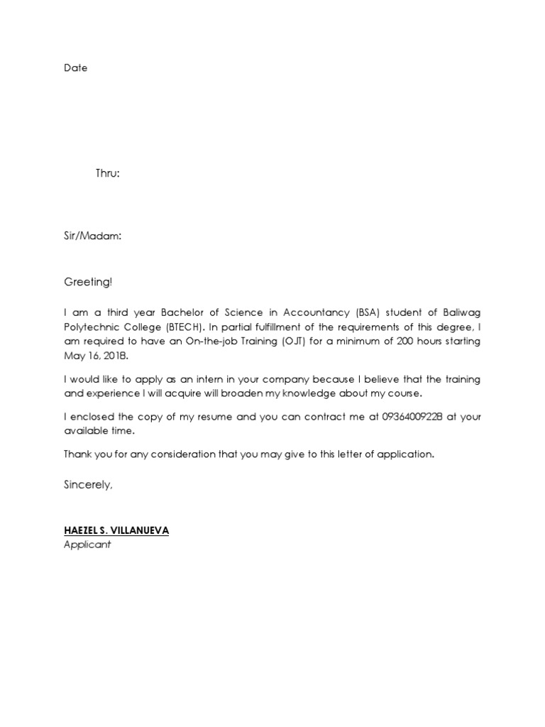 Application Letter for OJT Internship | PDF | Finance & Money Management