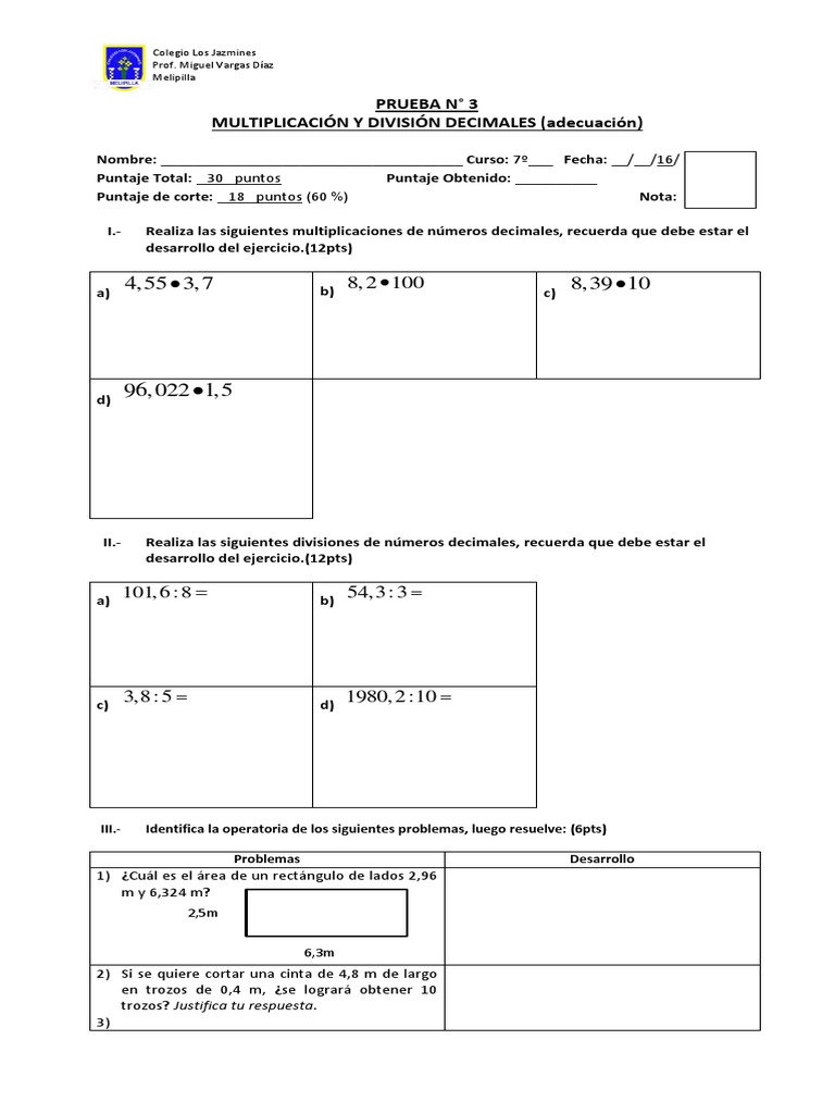 Prueba Multiplicacion y Division Decimales - Adecuacion | PDF ...