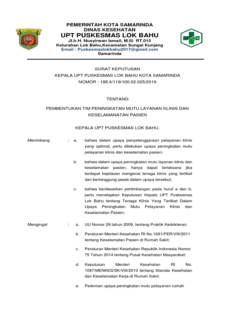 SK Pembentukan Tim Peningkatan Mutu Layanan Klinis Dan Keselamatan ...