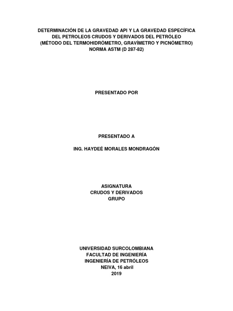 Informe 1. Gravedad Api 2019 | PDF | Petróleo | Física