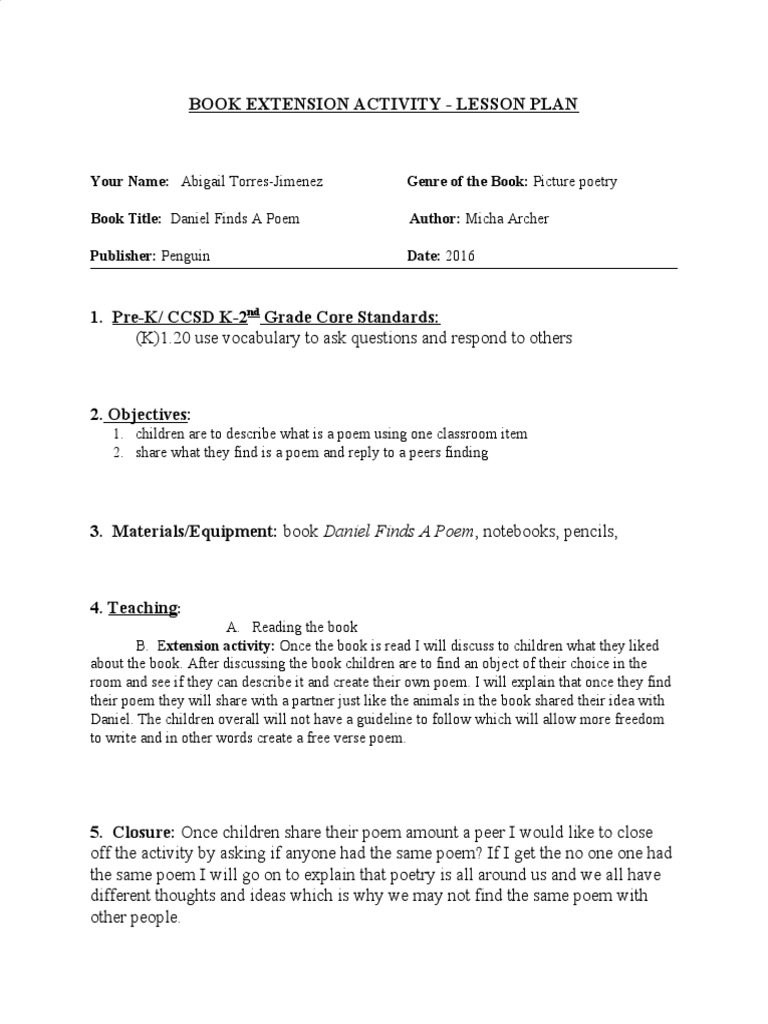 Book Extension Activity Lesson Plan - Daniel Finds A Poem | PDF