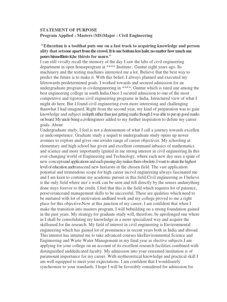 Statement of Purpose for MS in Civil Engineering | PDF | Graduate ...