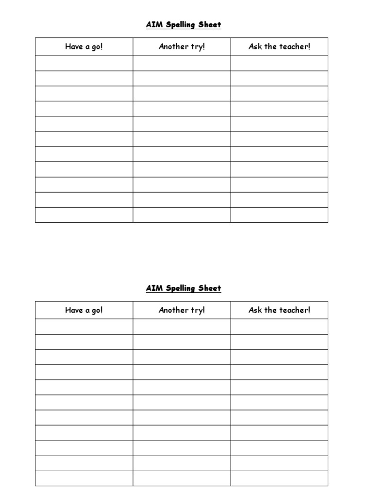 AIM Spelling Sheet | PDF