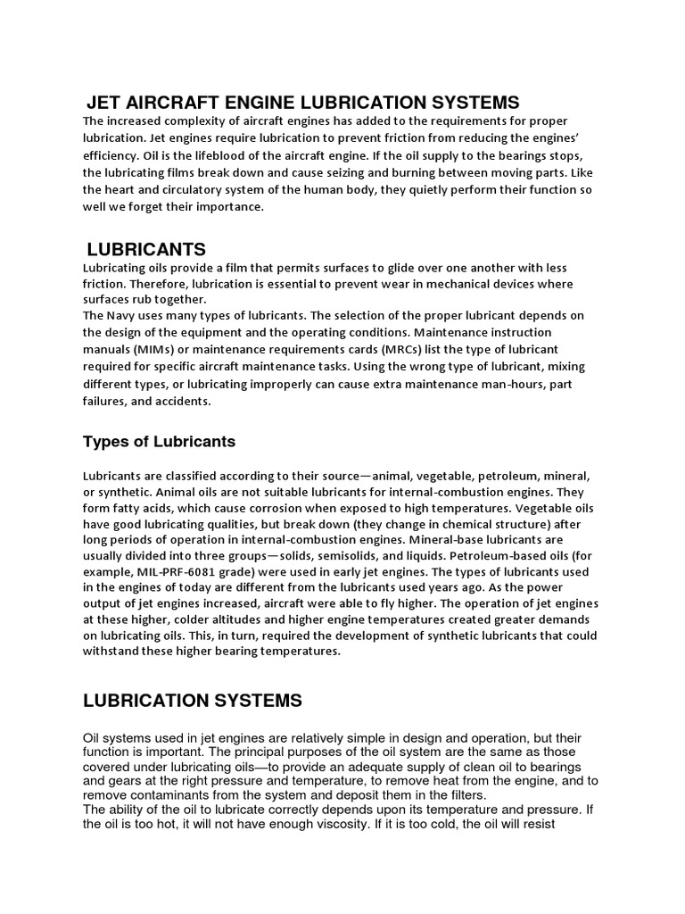 Jet Aircraft Engine Lubrication Systems: Types of Lubricants | PDF ...