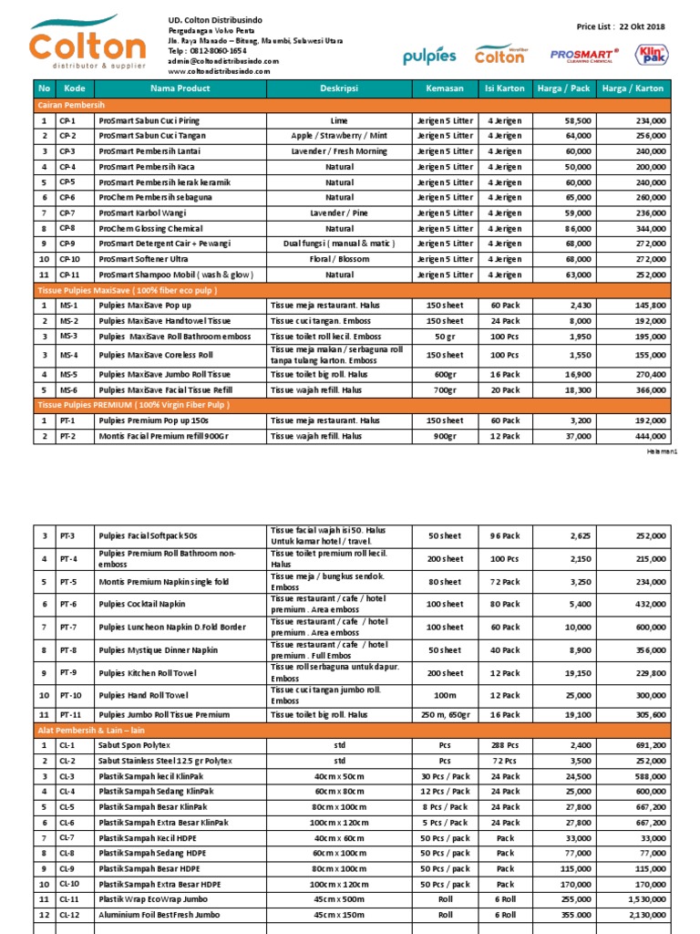 Price List Colton Distribusindo 22 Okt 2018 | PDF