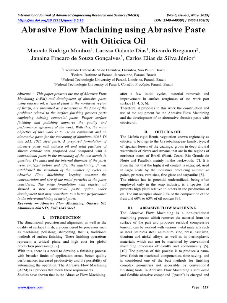 Abrasive Flow Machining Using Abrasive Paste With Oiticica Oil | PDF ...