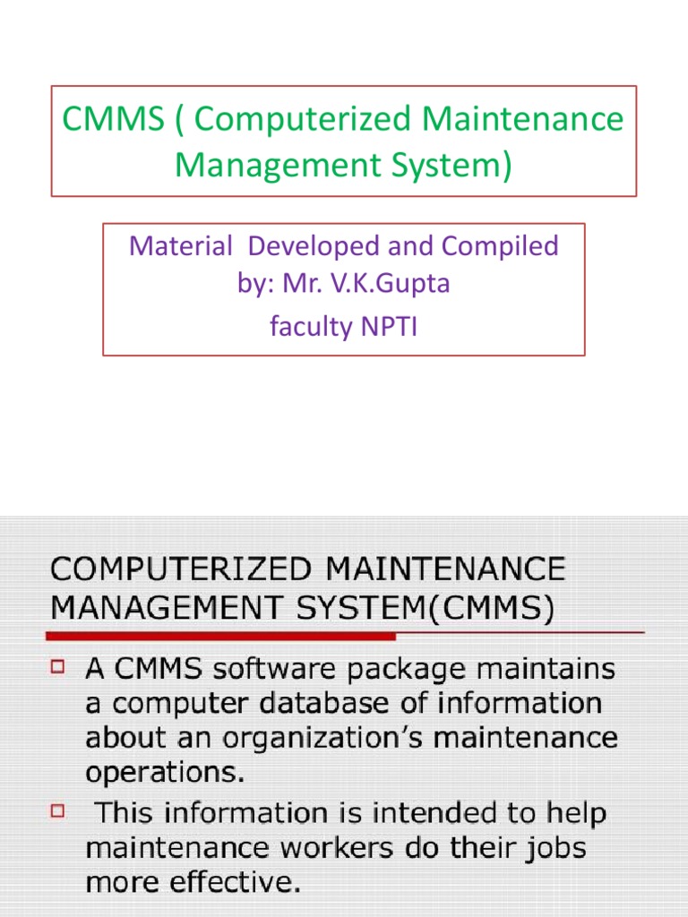 CMMS (Computerized Maintenance Management System) | PDF