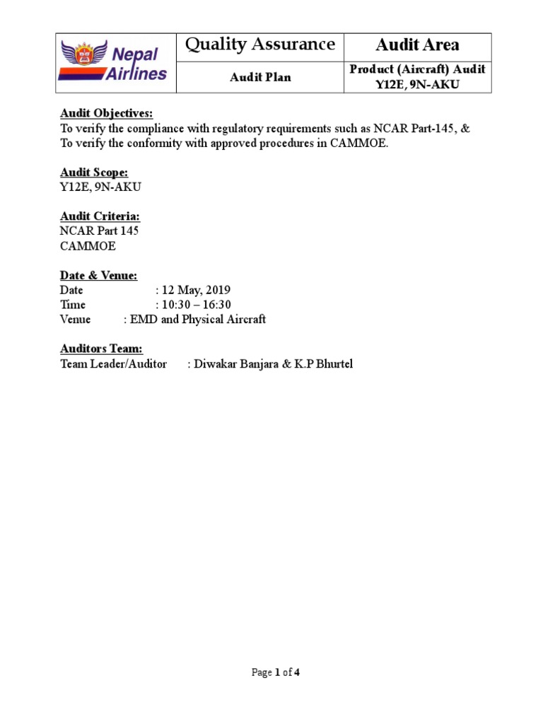 Quality Assurance Audit Area: Audit Plan Product (Aircraft) Audit Y12E ...
