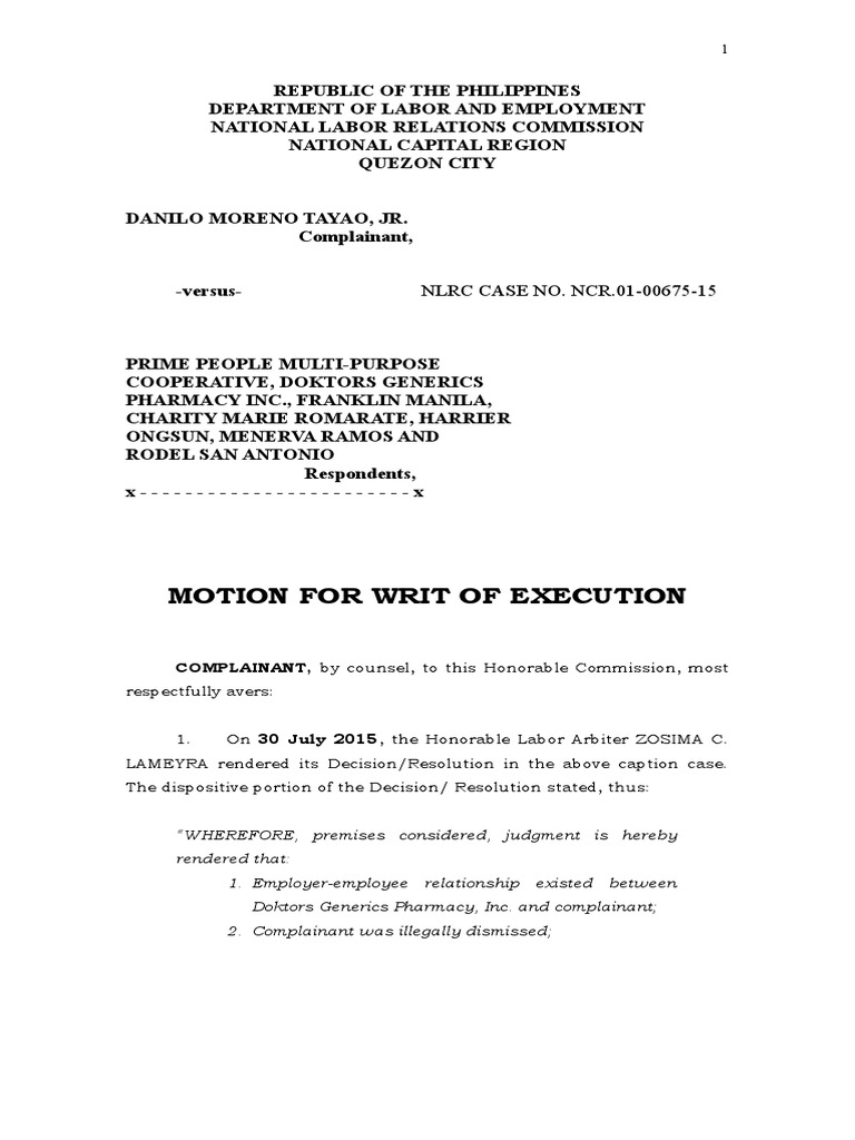 Motion For Writ of Execution | PDF | Virtue | Judiciaries
