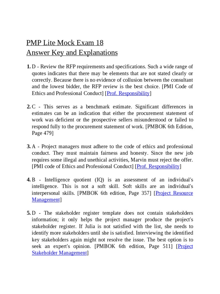 PMP Exam Prep Questions Answers Explanations Mock 18 Answer | PDF ...