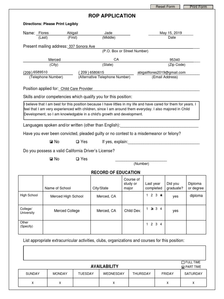 Rop Job Application With Availabilijjty - Fillable For Website ...