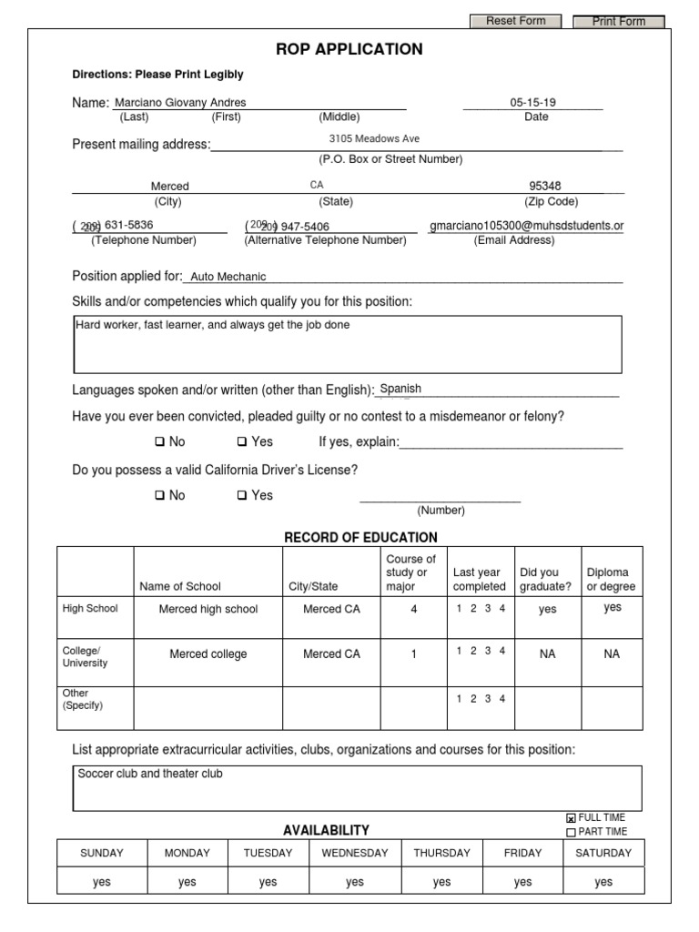 Rop 20job 20application 20with 20availability 20 - 20fillable 20for ...