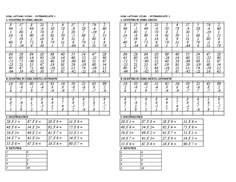 Soal Sempoa Level 1: Intermediate 1 | PDF | Teaching Mathematics
