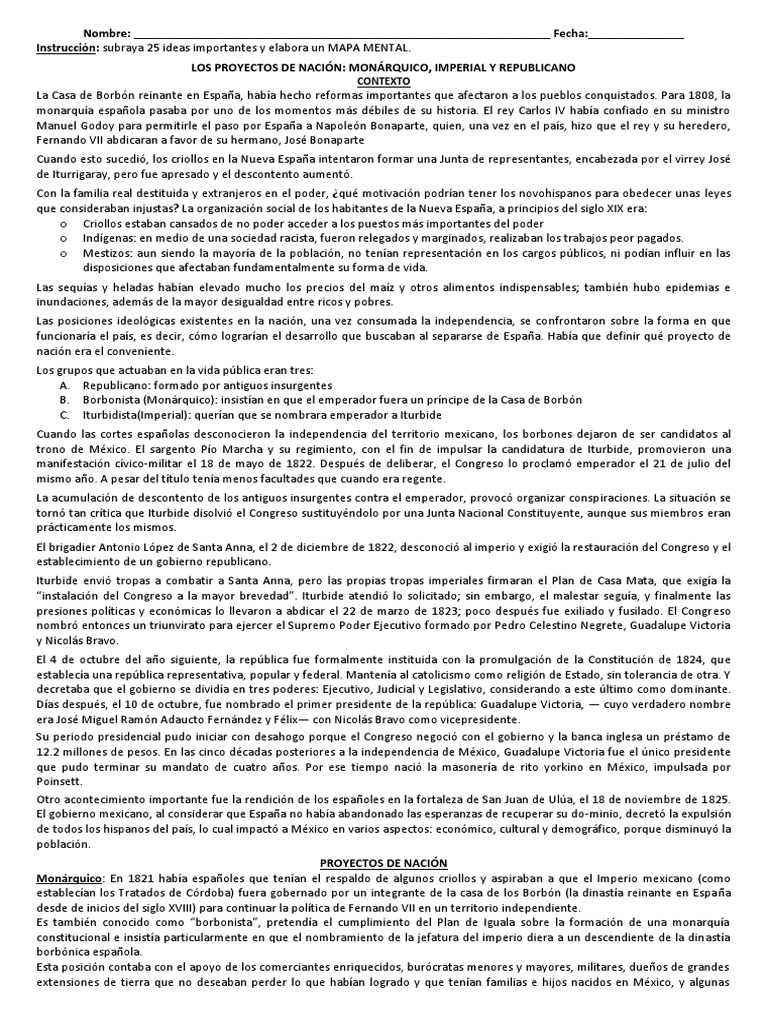 UNIDAD II ACTIVIDAD LOS PROYECTOS DE NACIÓN - MONÁRQUICO, IMPERIAL Y ...