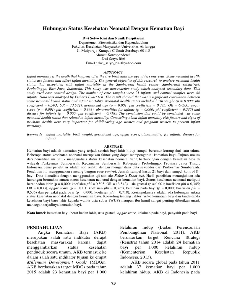 Hubungan Status Kesehatan Neonatal Dengan Kematian Bayi: Dwi Setyo Rini Dan Nunik Puspitasari ...