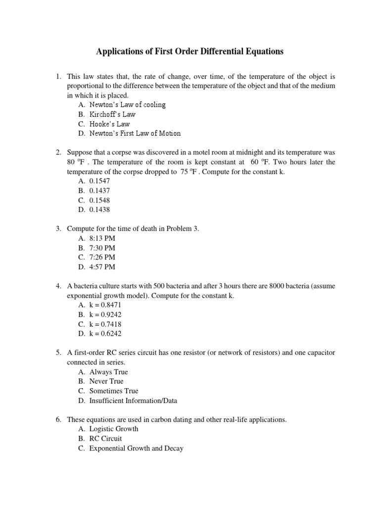 First Order Differential Equations Applications | PDF | Series And ...