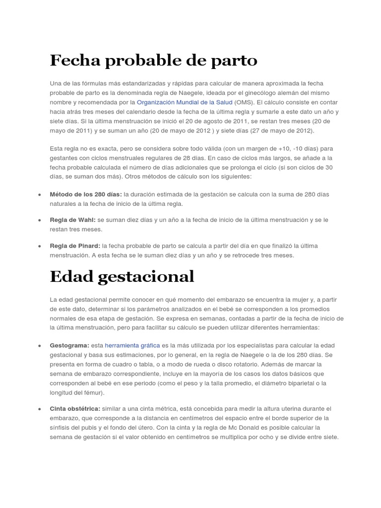 Cálculo de la Fecha Probable de Parto | PDF | El embarazo | Parto