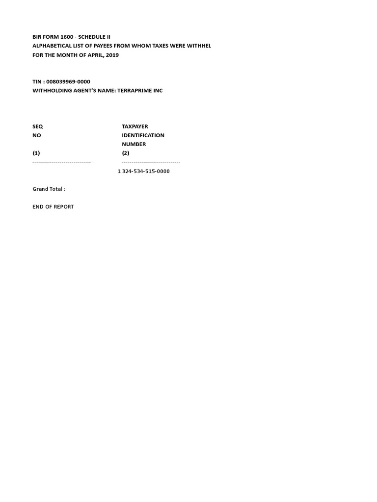 Bir Form 1600 - Schedule Ii Alphabetical List of Payees From Whom Taxes ...