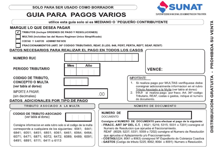 Guia de Pago Varios SUNAT Formulario Rellenable | PDF