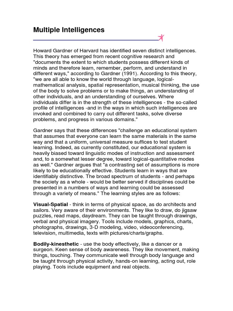 Multiple Intelligences: Visual-Spatial - Think in Terms of Physical ...