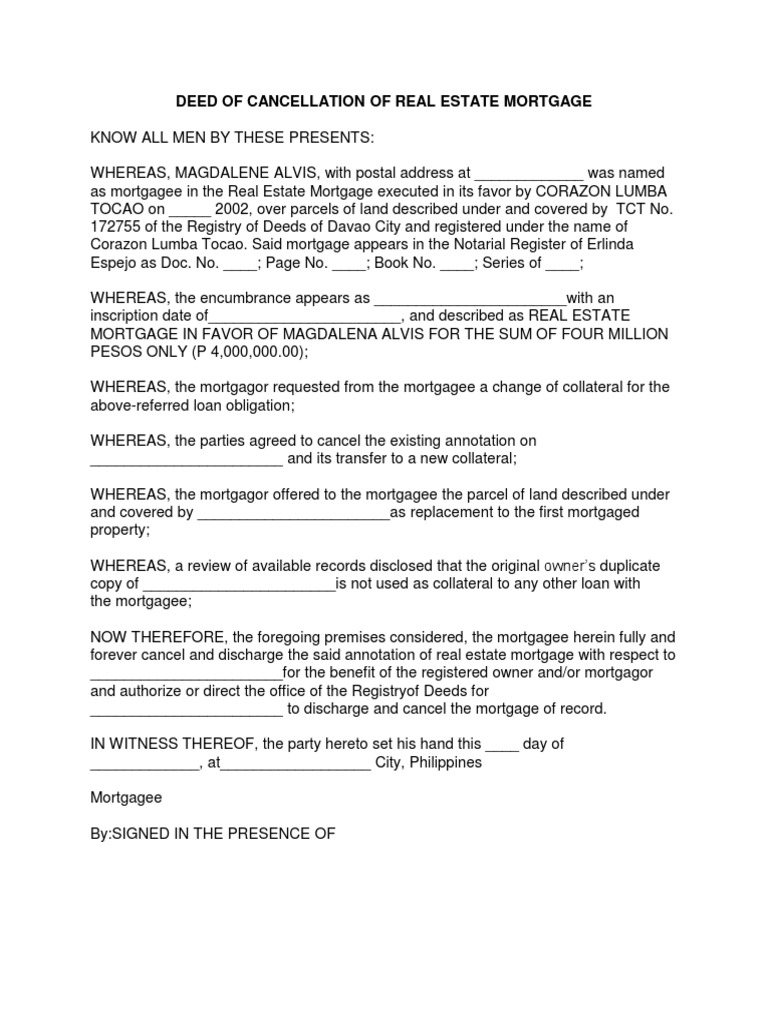 Deed of Cancellation of Real Estate Mortgage | PDF