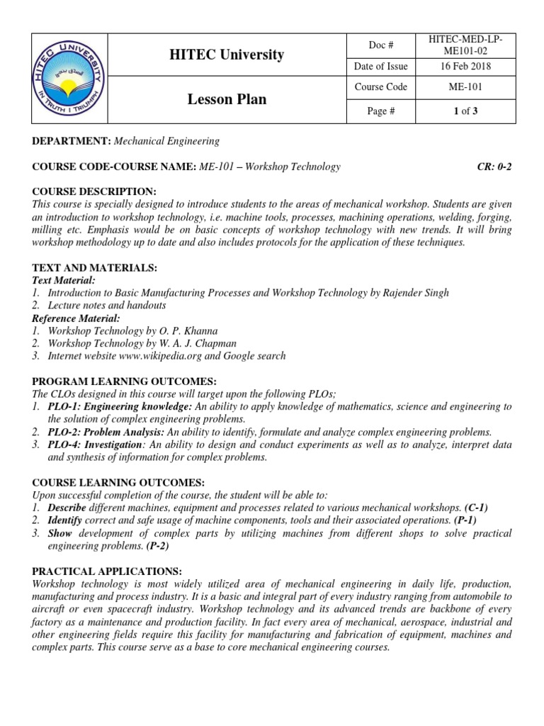 Workshop Technology Lesson Plan (Rev.2) | PDF | Engineering | Science ...