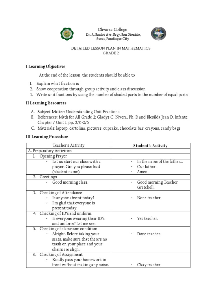 Detailed Lesson Plan Fraction | PDF | Fraction (Mathematics) | Behavior Modification