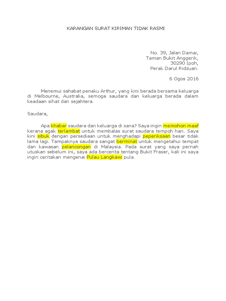 Contoh Surat Tidak Rasmi Pelancongan | PDF