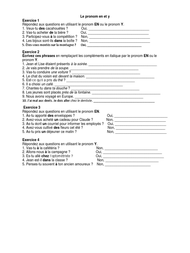 Exercices sur les pronoms en et y | PDF | Développement personnel