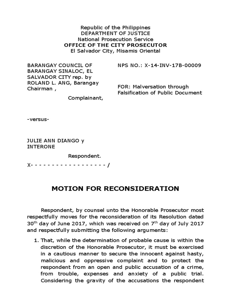 Motion For Reconsideration: Office of The City Prosecutor | PDF ...