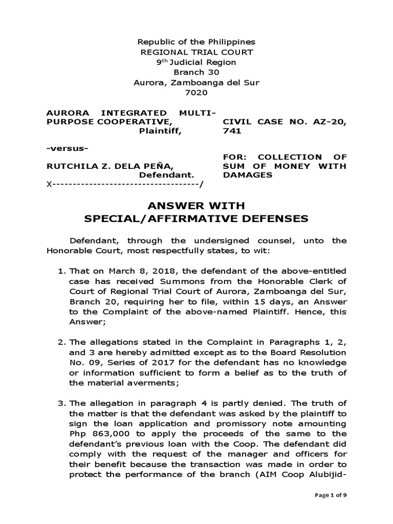 Response to Collection Case: Defendant Files Answer with Special ... Response to Collection Case: Defendant Files Answer with Special ...