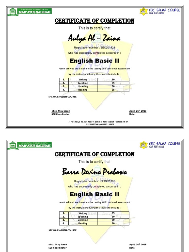 English Course Completion Certificates | PDF