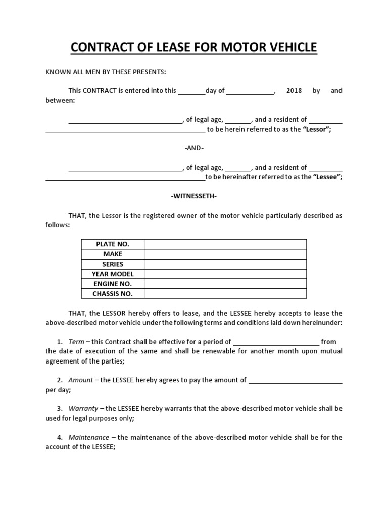 Motor Vehicle Lease Agreement Template