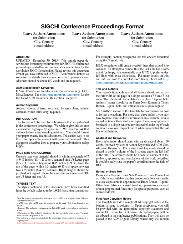 LaTeX SIGCHI Proceedings Format | PDF | Citation | Typefaces