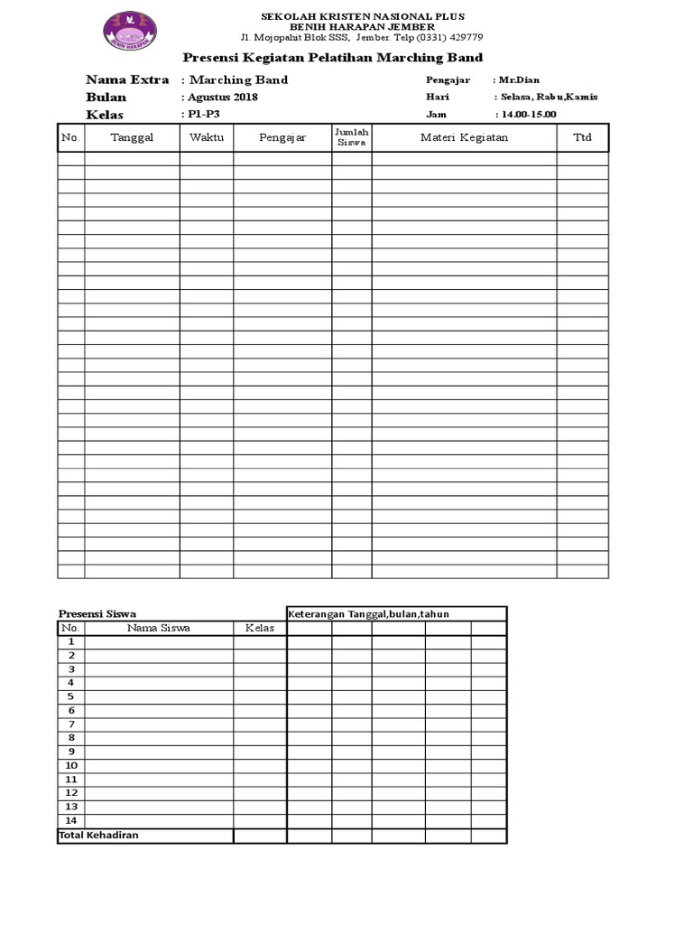 ABSENSI Ekstra PRIMARY 2018-2019 | PDF